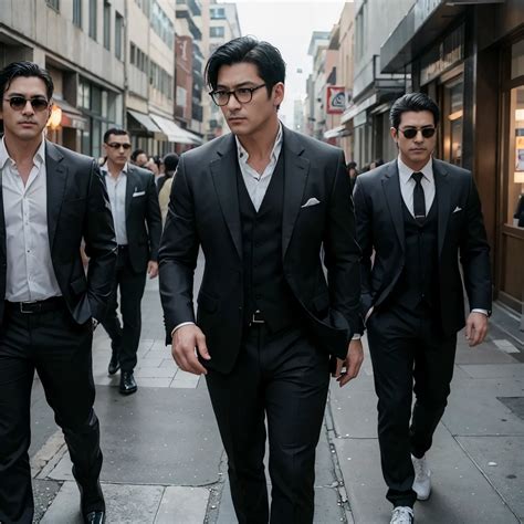 양복을 입은 세 남자가 선글라스를 끼고 도시 거리를 걷고 있다 Seaart Ai