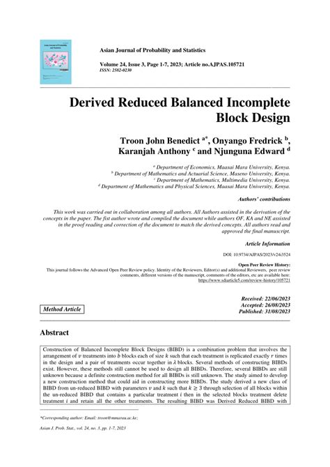 Pdf Derived Reduced Balanced Incomplete Block Design