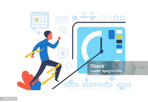 사무실 노동자 공황 빨리 실행 만화 남자 마감일 및 작업 문제 또는 생산성 향상 시간 관리 및 조직 비즈니스 프로세스 벡터 퀵 워커 개념 개념에 대한 스톡 벡터 아트 및