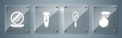 미용사 권총 스프레이 병 핸드 미러 전기 헤어 클리퍼 또는 면도기 및 메이크업 파우더를 거울로 설정하십시오 정사각형 유리 패널 벡터 Charitable Foundation에