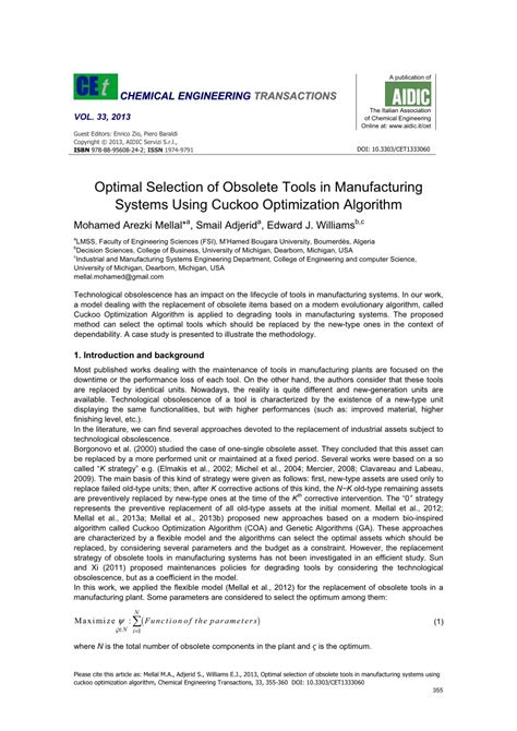 Pdf Optimal Selection Of Obsolete Tools In Manufacturing Systems Using Cuckoo Optimization
