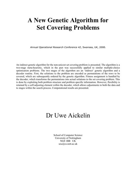Pdf A New Genetic Algorithm For Set Covering Problems
