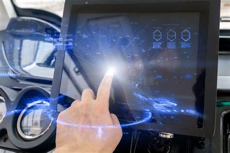 Autonomous Vehicle Interior With Hand Touching Screen And Auto