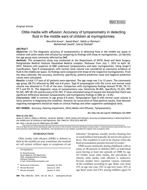 Pdf Otitis Media With Effusion Accuracy Of Tympanometry In Detecting Fluid In The Middle