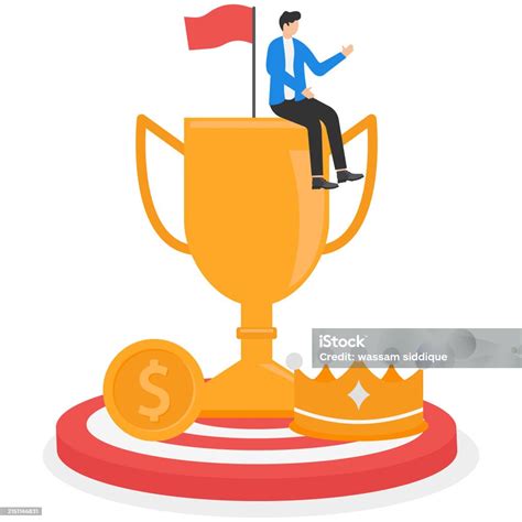 사업 성취 트로피에 깃발을 올리는 사업가 우승자 리더십 성공을 위한 성취 경력 성공 개념에 대한 결단력 승리 또는 수상