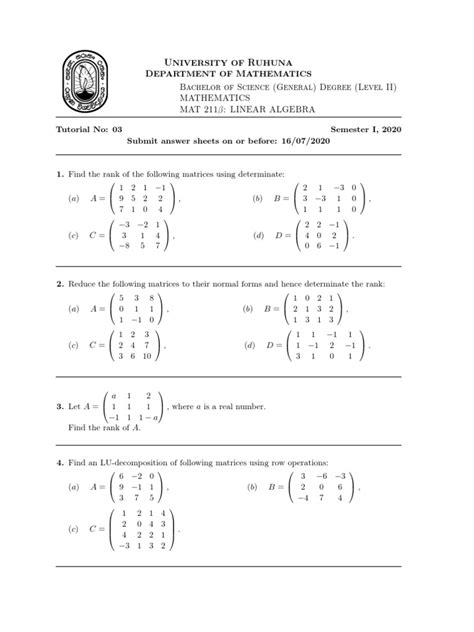 tutorial no 3 download free pdf matrix mathematics mathematical