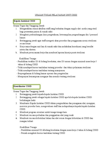Uraian Tugas Pelayanan Unit Cssd Fix 2022 Pdf