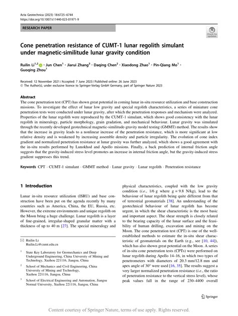 Cone Penetration Resistance Of Cumt 1 Lunar Regolith Simulant Under Magnetic Similitude Lunar