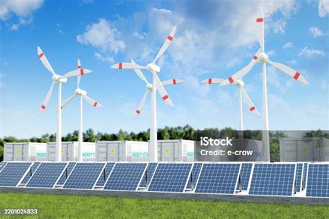 태양 전지판과 에너지 저장 장치가 있는 풍력 터빈 재생 에너지 개념 배터리 전원에 대한 스톡 사진 및 기타 이미지 배터리 전원 순서 일러스트레이션 Istock