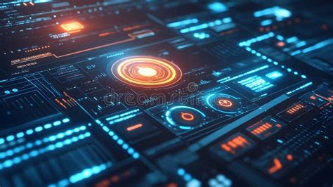 Analyzing Advanced Technology Interface With Glowing Details And Complex Data Streams Stock