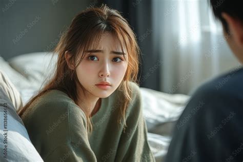 Young Asian Unhappy Girl Sitting On The Edge Of The Bed Against Her