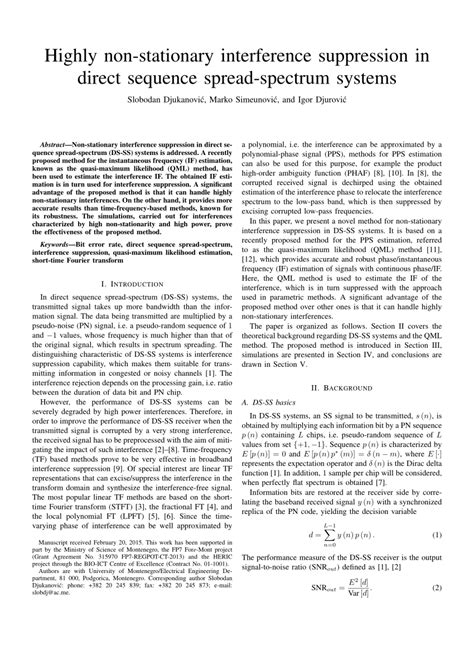 Pdf Highly Non Stationary Interference Suppression In Direct Sequence Spread Spectrum Systems
