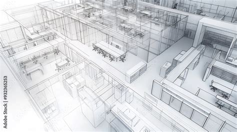 Detailed Architectural Blueprint For Hightech Office Design Focusing On Open Spaces Ergonomic