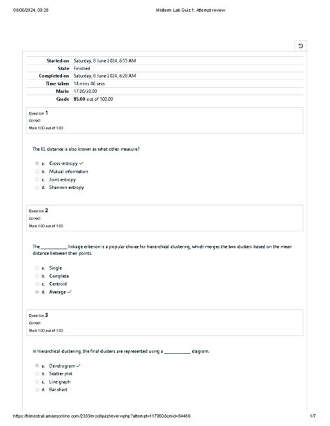 Ai Midterm Lab Quiz 1 Attempt Review Started On Saturday 8 June 2024 613 Am State Finished