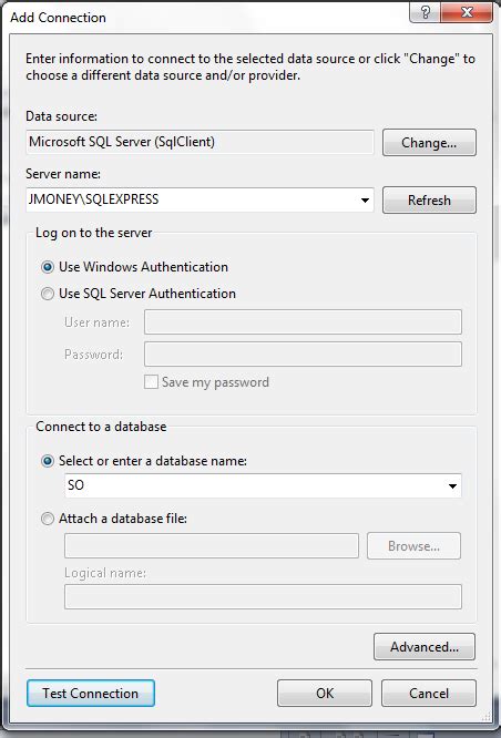 C How To Connect To Sql Server Using Linq To Sql Stack Overflow