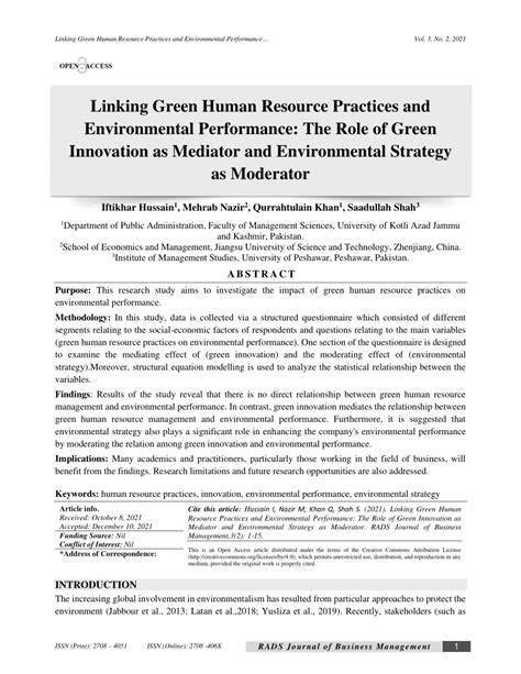 Pdf Linking Green Human Resource Practices And Environmental Performance The Role Of Green