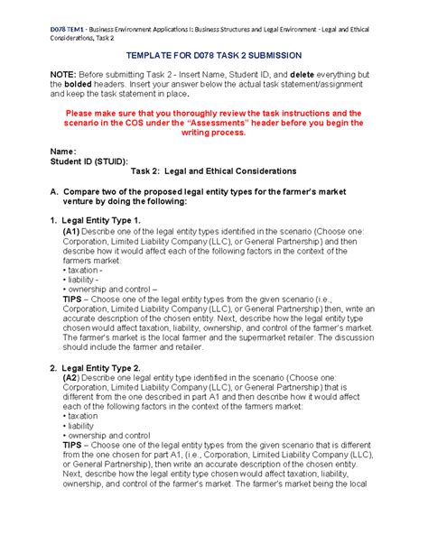 D078 Task 2 Template Legal And Ethical Considerations In Business