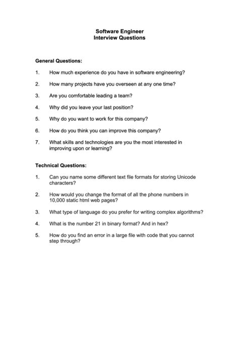 software engineer interview questions template printable pdf download