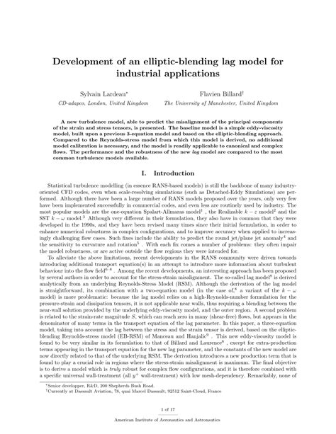 Pdf Development Of An Elliptic Blending Lag Model For Industrial Applications