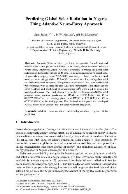 Pdf Predicting Global Solar Radiation In Nigeria Using Adaptive Neuro Fuzzy Approach