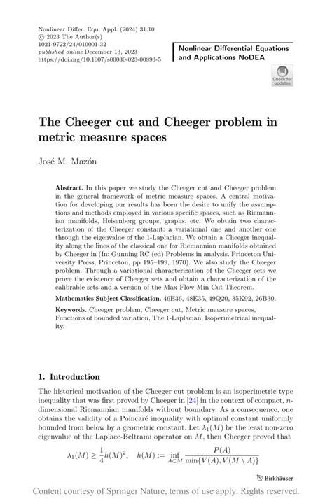 Pdf The Cheeger Cut And Cheeger Problem In Metric Measure Spaces