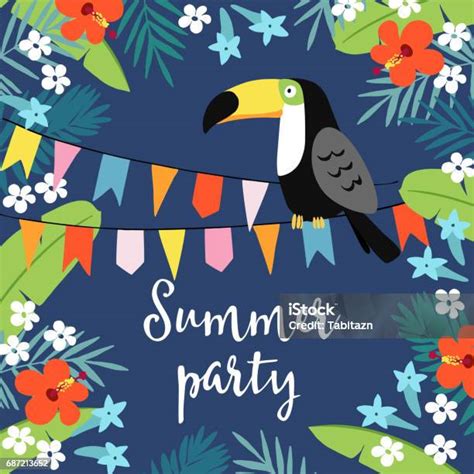 여름 파티 인사말 카드 초대장 손으로 그린 야자수 잎 히비스커스 꽃 큰부리새와 파티 깃발 초대장 열대 정글 디자인입니다 벡터 일러스트 배경 공휴일에 대한 스톡 벡터 아트 및