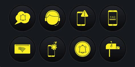 인터넷 연결 없음 Faq 정보 서비스 버튼 채팅 알림 느낌표 맨 헤드셋 오픈 메일 박스 및 음성 버블 아이콘이 있는 모바일을