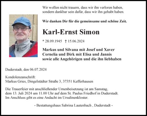 Traueranzeigen Von Karl Ernst Simon Trauer Anzeigen De