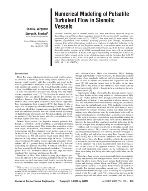 Pdf Numerical Modeling Of Pulsatile Turbulent Flow In Stenotic Vessels