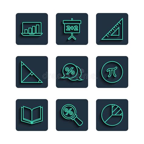 Set Line Open Book Magnifying Glass With Percent Pie Chart Infographic Triangular Ruler