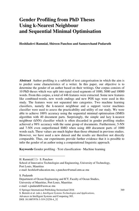 Pdf Gender Profiling From Phd Theses Using K Nearest Neighbour And