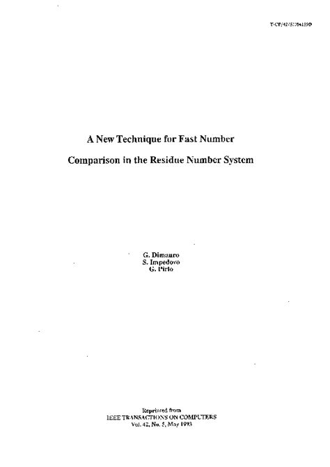 Pdf A New Technique For Fast Number Comparison In The Residue Number System