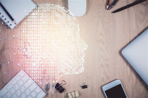 Premium Photo Double Exposure Of Brain Drawing Over Work Table Desktop Top View Global Data