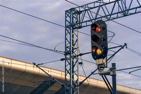Railway Traffic Light Red And Yellow Light Stop Passenger Train