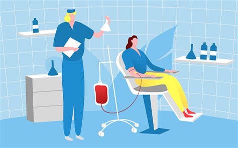 혈류 기증자 사람들 캐릭터 의사 남성은 혈액 여성 환자 플랫 벡터 일러스트를 합니다 건강 검진실을 설계합니다 가정의 방에 대한 스톡 벡터 아트 및 기타 이미지 Istock