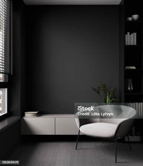 회색 안락 의자 어두운 방 인테리어 모의 검은 빈 벽 모형 빈티지 거실 모형 3d 렌더링현대 고급 어두운 거실 인테리어 배경 검은색에 대한 스톡 사진 및 기타 이미지