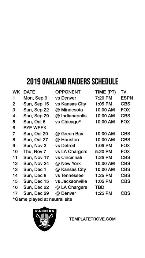 Printable 20192020 Oakland Raiders Schedule Raiders 2024 Schedule
