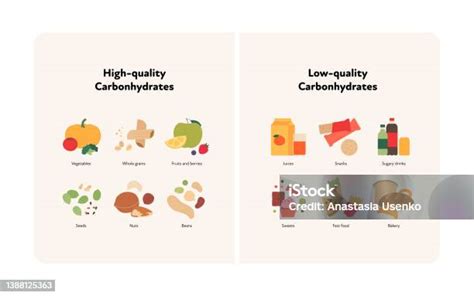 식품 가이드 개념 벡터 플랫 모던 일러스트레이션 높고 낮은 품질의 탄수화물 소스 라벨과 인포 그래픽 비교 다채로운 음식 아이콘 세트 탄수화물 음식에 대한 스톡 벡터 아트 및