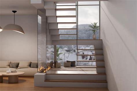 계단이 있는 대형 창문 홈 복도가 있는 현대적인 고급 주택 계단의 인테리어 디자인 프리미엄 사진