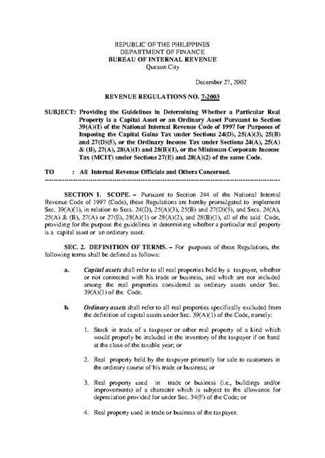 Rr No 7 2003 Guidelines On Capital Vs Ordinary Assets Taxation