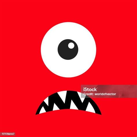 몬스터 헤드 부 으스스한 슬픈 얼굴 감정 세 눈 치아 송곳니 마우스 정사각형 머리 해피 할로윈 카드 플랫 디자인 스타일 빨간색