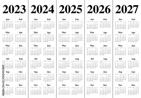 2023 2024 2025 2026 2027 Calendar Year Vector Design Template Simple