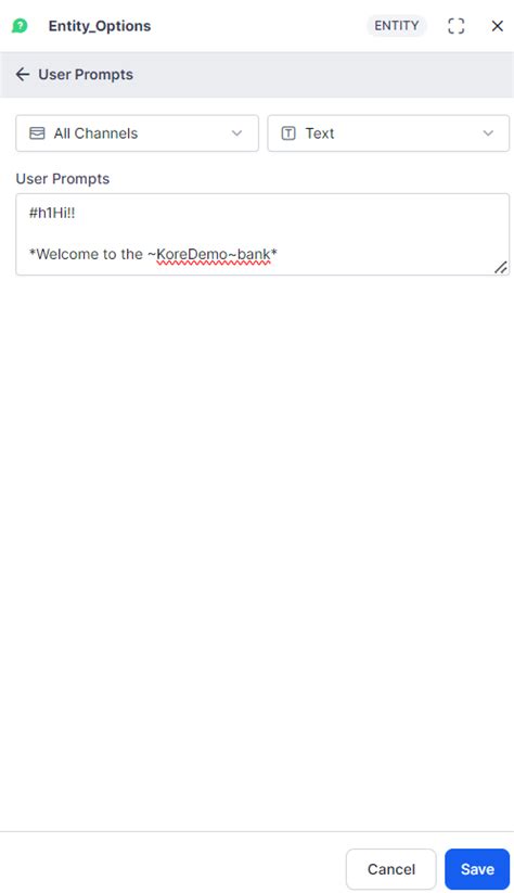 user prompts or messages kore ai docs