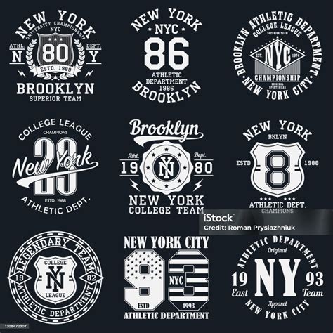 뉴욕 브루클린 타이포그래피 티셔츠 디자인을 위한 운동 프린트 세트 스포츠 의류그래픽 티셔츠 배지 컬렉션 벡터 그림입니다 로고에 대한 스톡 벡터 아트 및 기타 이미지 Istock