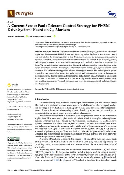 Pdf A Current Sensor Fault Tolerant Control Strategy For Pmsm Drive Systems Based On Cri