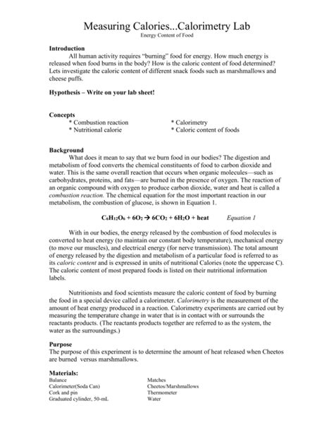Calorimetry Lab Measuring Calories In Food