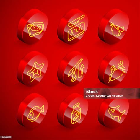 세트 라인 홍합 도마와 칼 낚시 작살 불가사리 게 해삼 항아리 아이콘 벡터 3차원 형태에 대한 스톡 벡터 아트 및 기타 이미지 3차원 형태 갈고리 발톱 갑각류