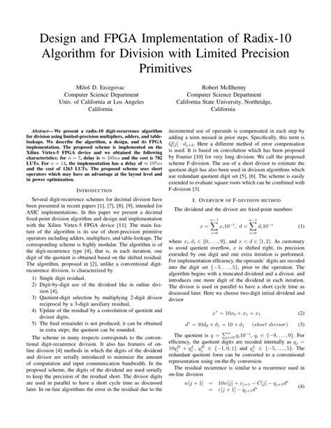 Pdf Design And Fpga Implementation Of Radix 10 Algorithm For Division