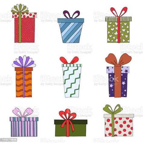 다양한 모양과 패턴의 활이 있는 선물 상자 세트 낙서의 벡터 그림 나비매듭에 대한 스톡 벡터 아트 및 기타 이미지 나비매듭 낙서 드로잉 녹색 Istock