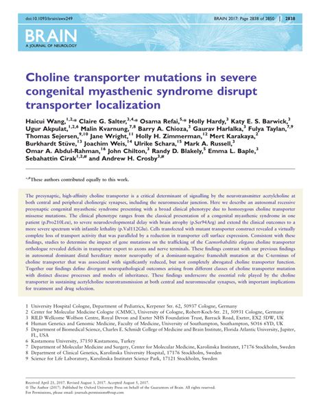 Pdf Choline Transporter Mutations In Severe Congenital Myasthenic Syndrome Disrupt Transporter